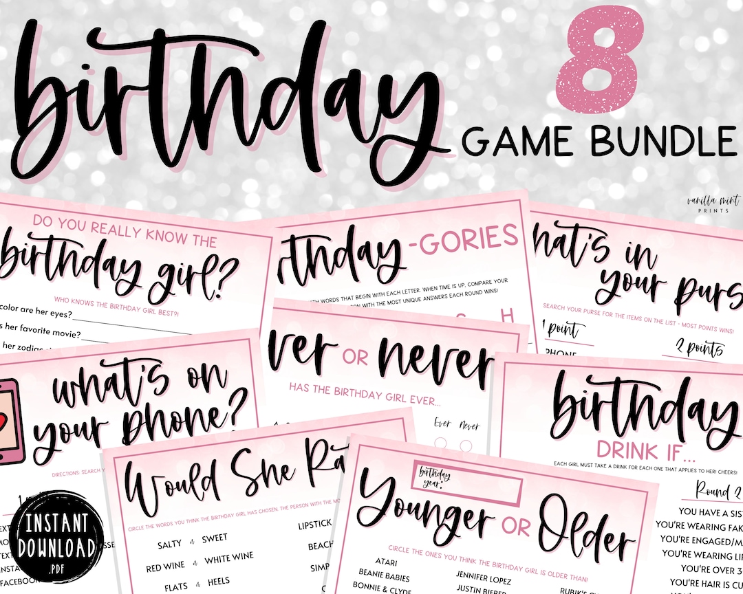 PINK Adult Birthday Party Games BUNDLE | 8 Birthday Party Games for ...
