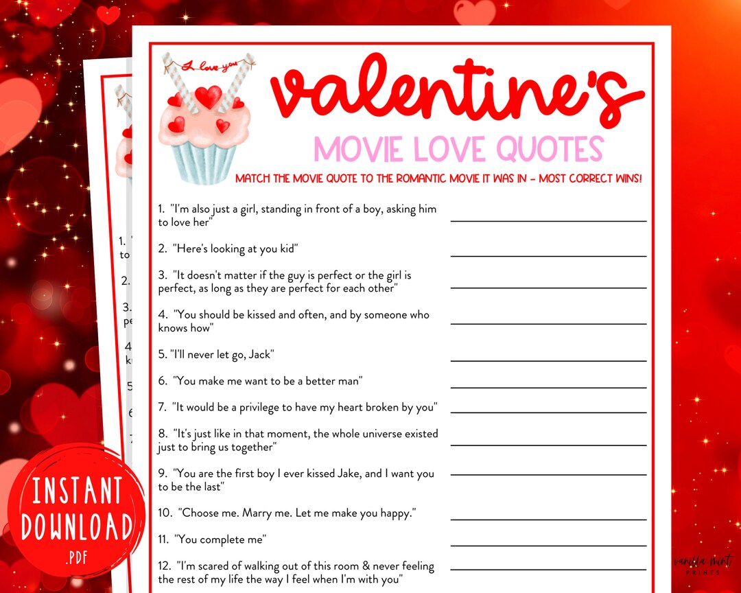 Valentine's Day Movie Love Quotes Game Valentine Printable Games Fun ...