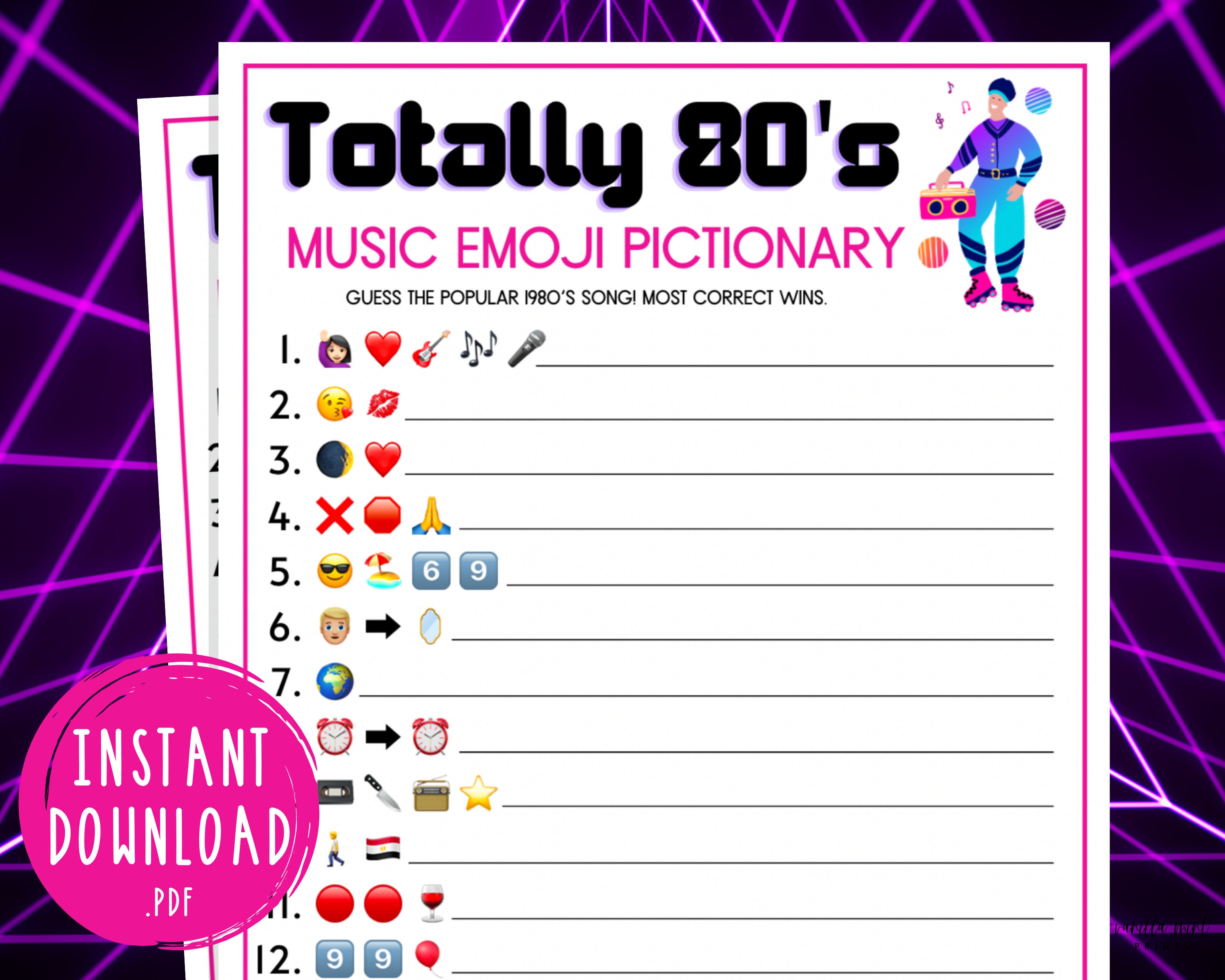 Totally 80's Music Emoji Pictionary Party Game Printable - Etsy