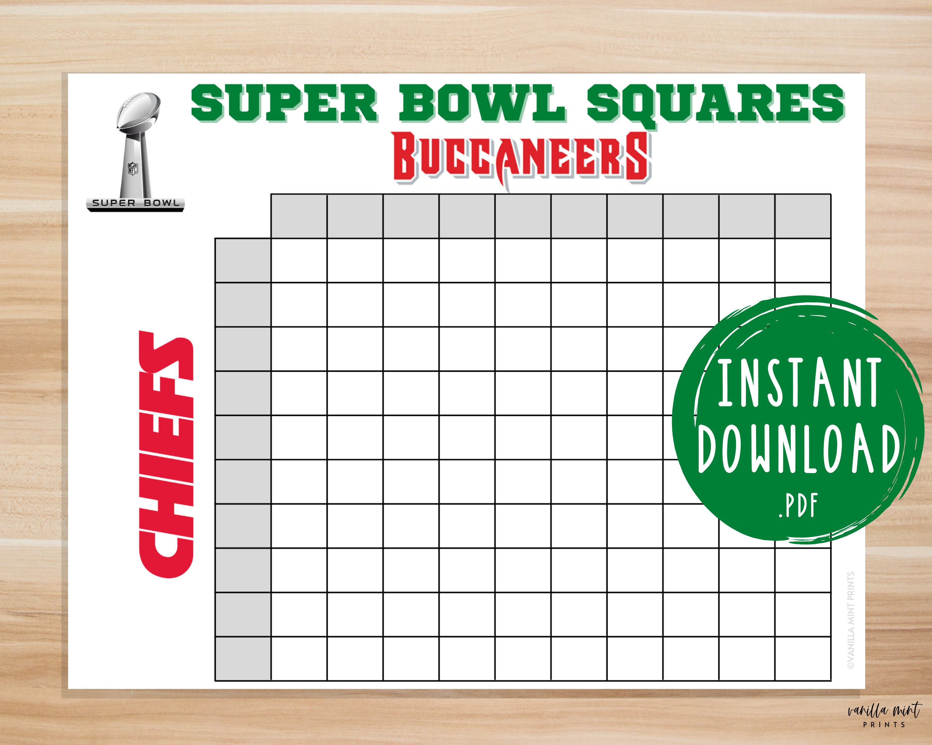 Super Bowl Squares Game Buccaneers Vs Chiefs Printable Super Etsy