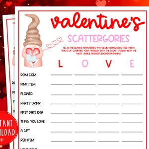 Valentine's Day Scattergories Game Fun Valentine's Day Printable Party ...