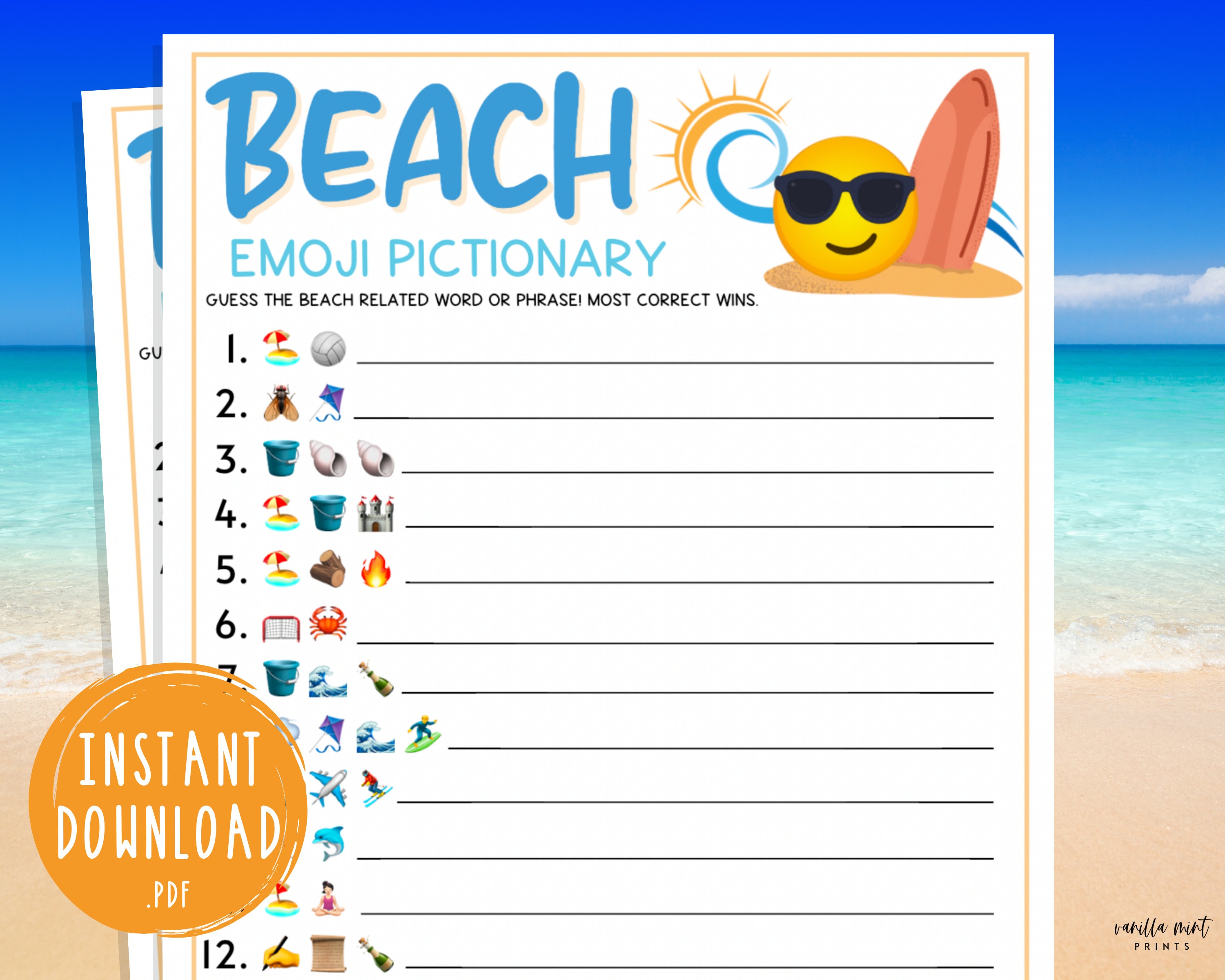 Beach Emoji Pictionary Game Printable Summertime Games Fun - Etsy France