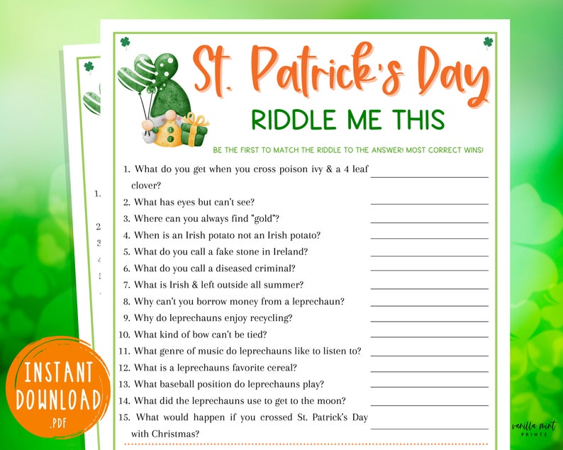 St. Patrick's Day Riddle Me This Game | Printable Game | Fun St. Patty ...