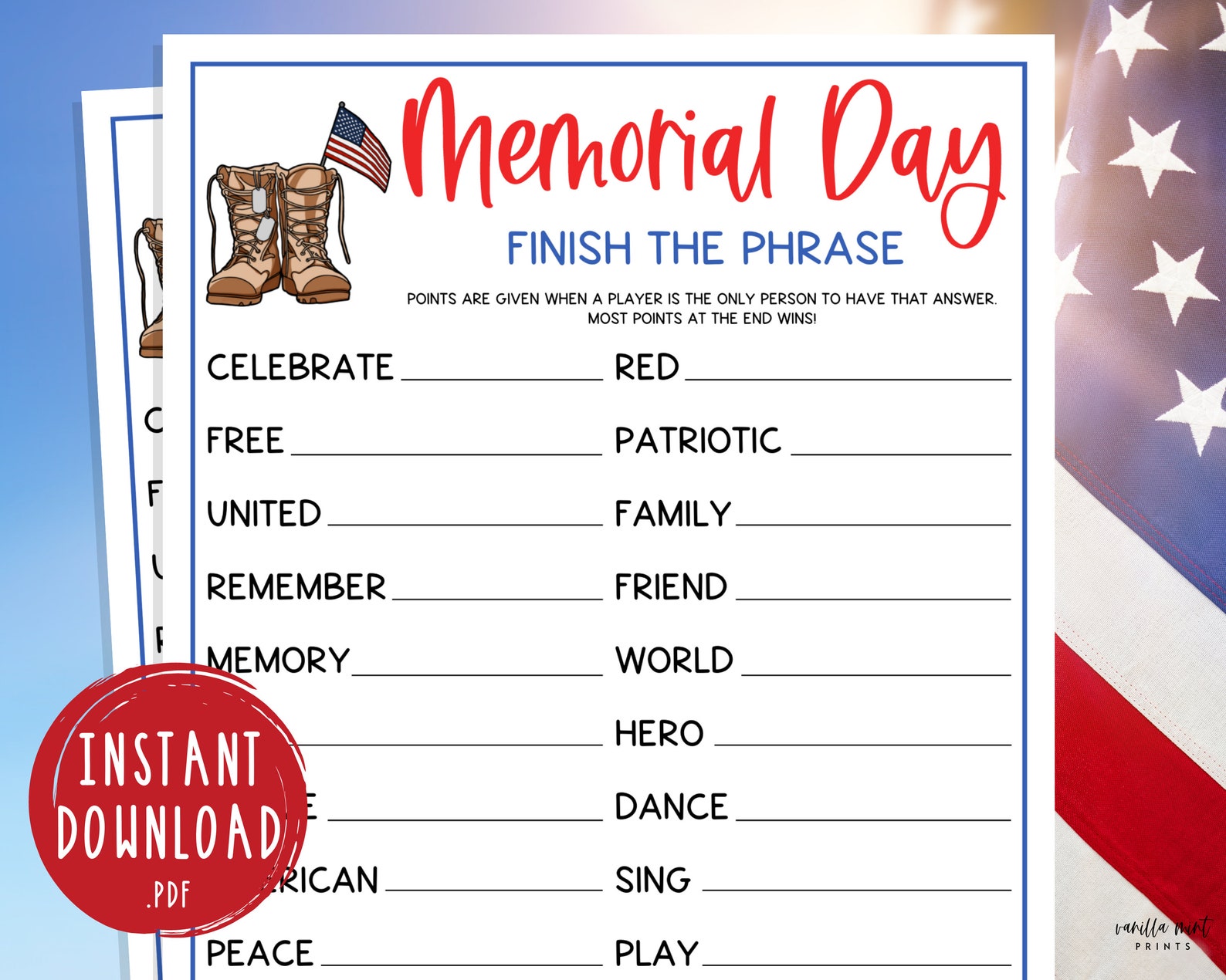 Memorial Day Finish the Phrase Game Printable Memorial Day - Etsy