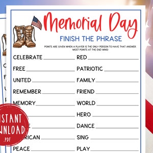 Memorial Day Finish the Phrase Game | Printable Memorial Day Party ...