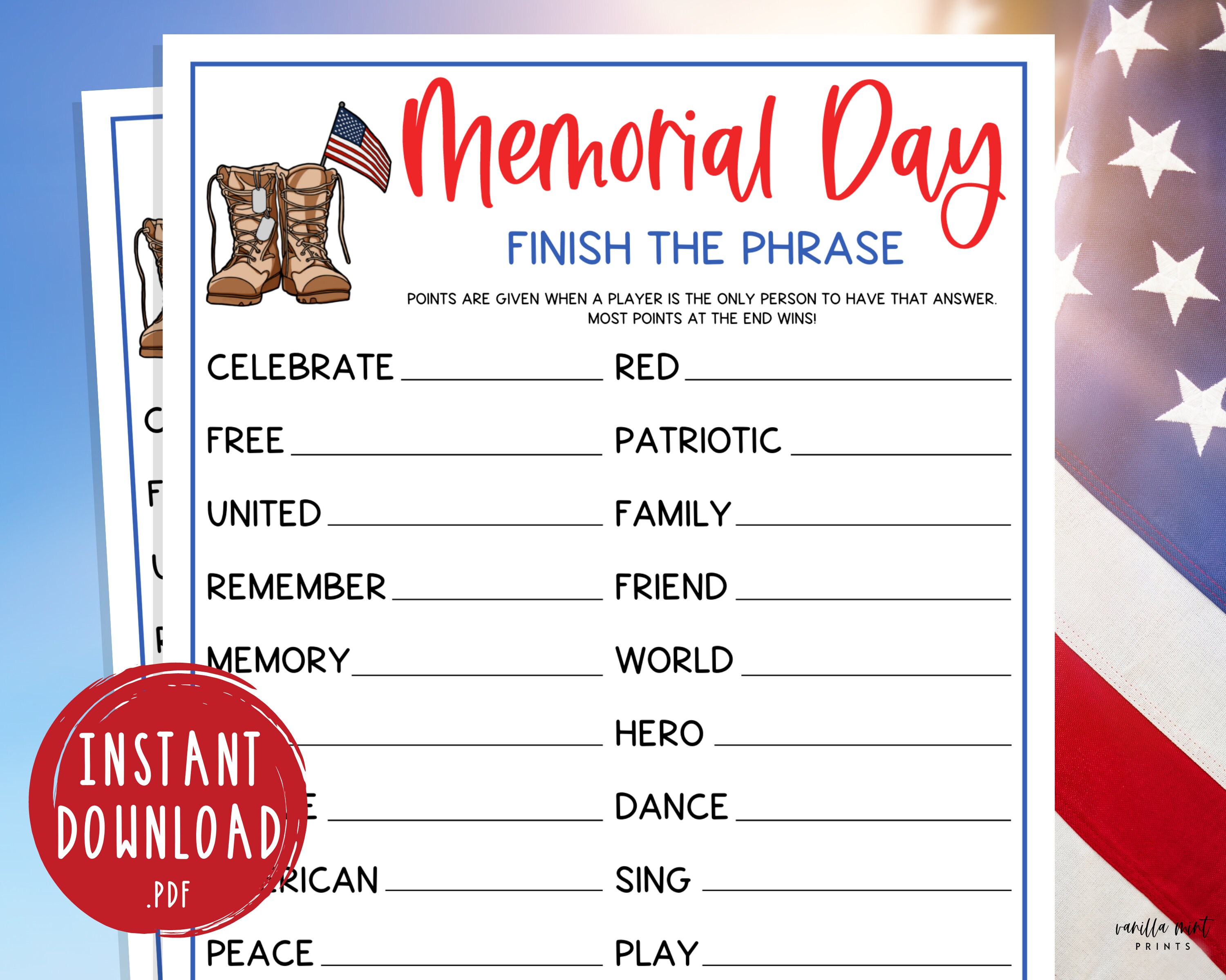 Memorial Day Finish the Phrase Game Printable Memorial Day - Etsy
