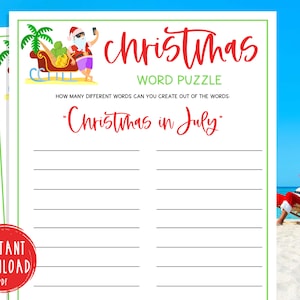 Christmas in July Word Puzzle Party Game Beach Christmas Printable ...
