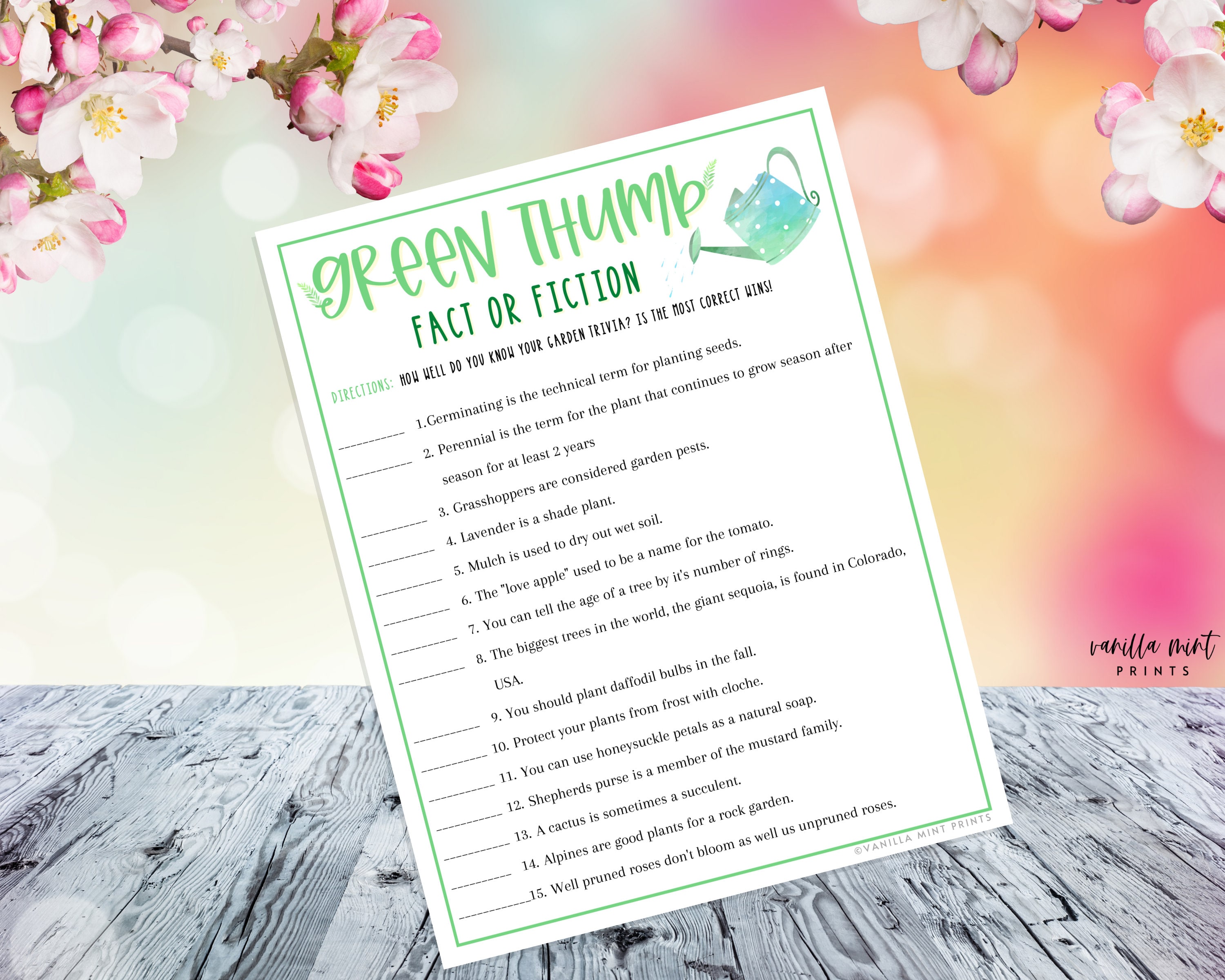 Spring Green Thumb Trivia Game Gardening Trivia Fact or | Etsy