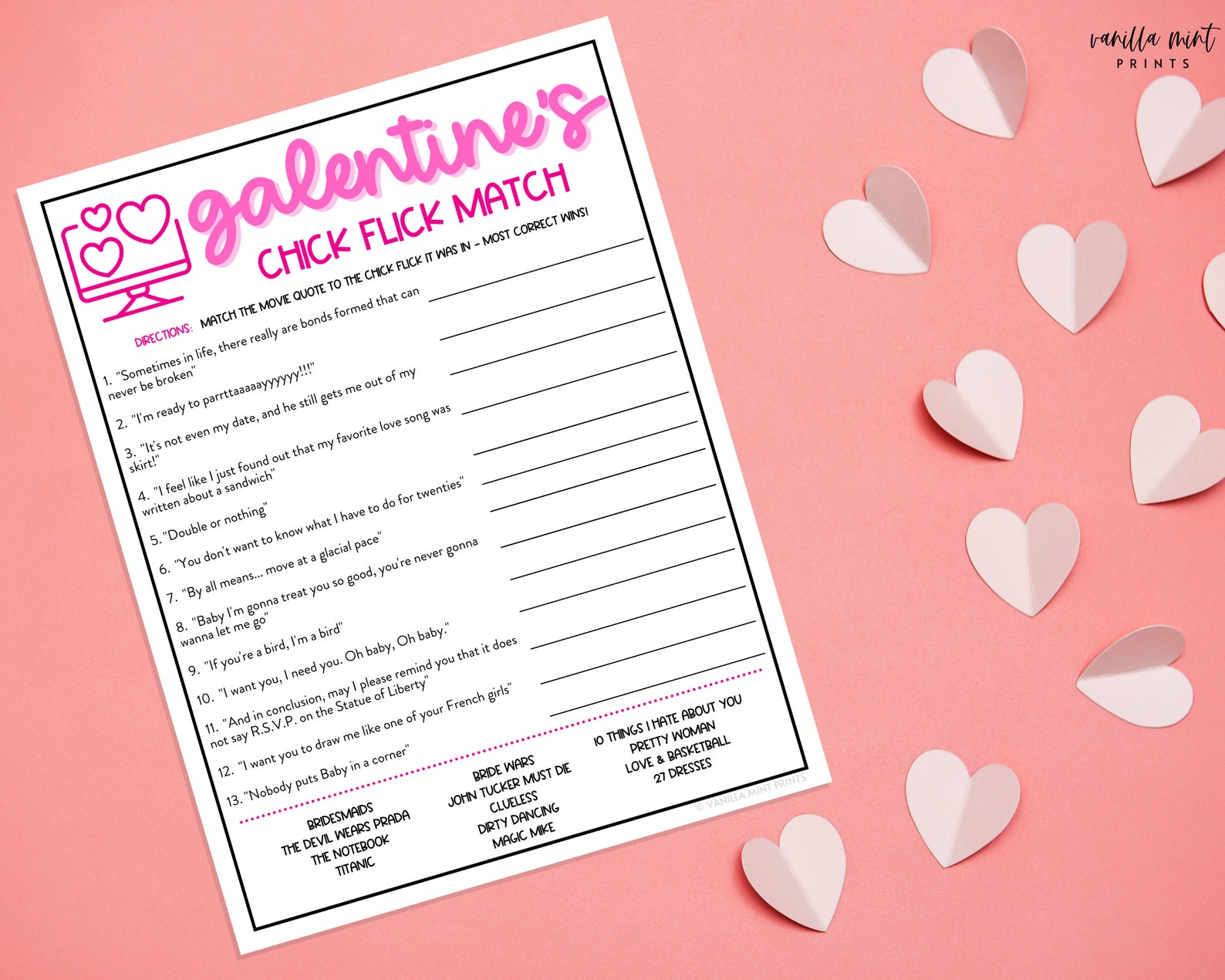 Galentine's Day Chick Flick Match Game Fun Party Games - Etsy
