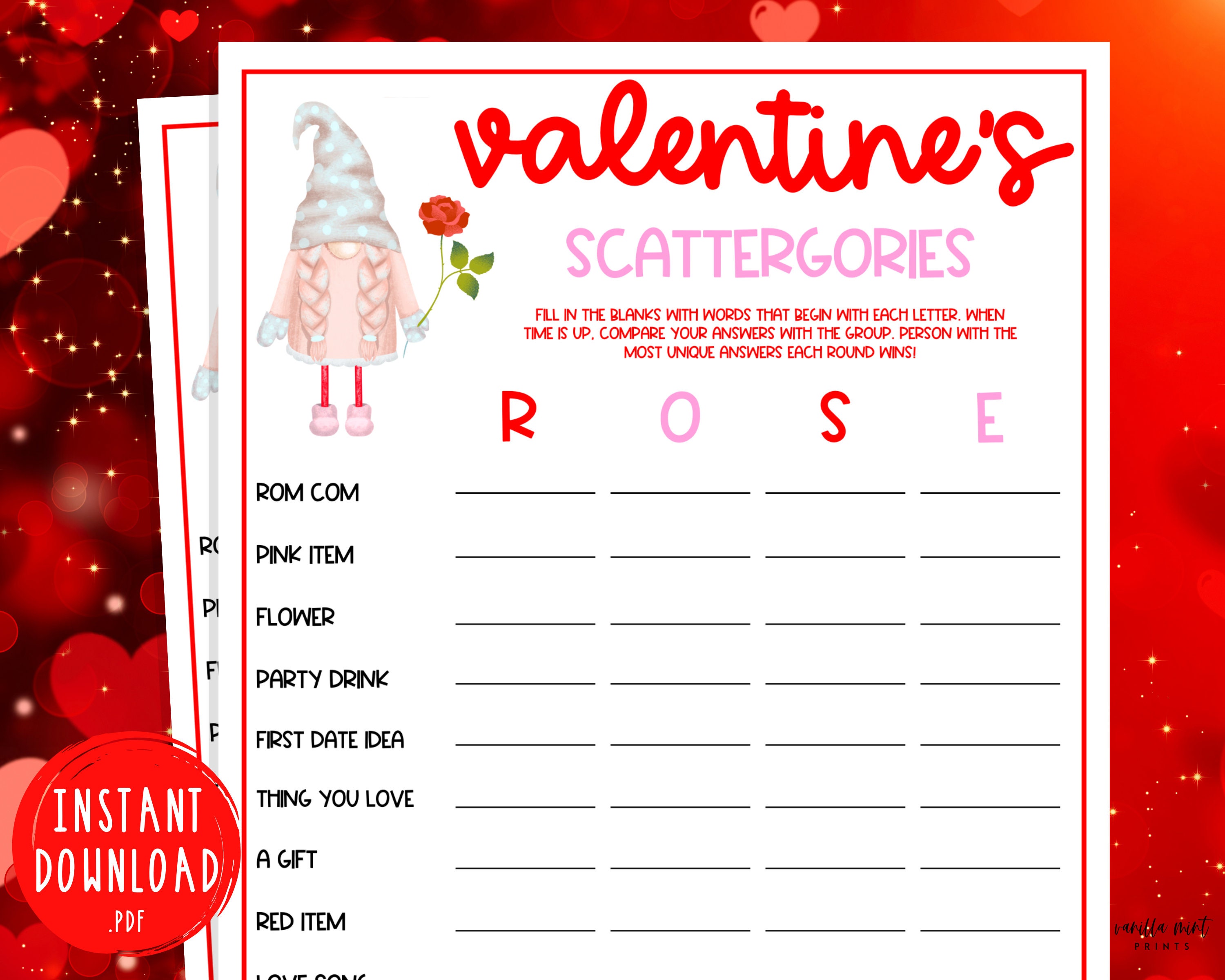 Valentine's Day Scattergories Game Fun Valentine's - Etsy