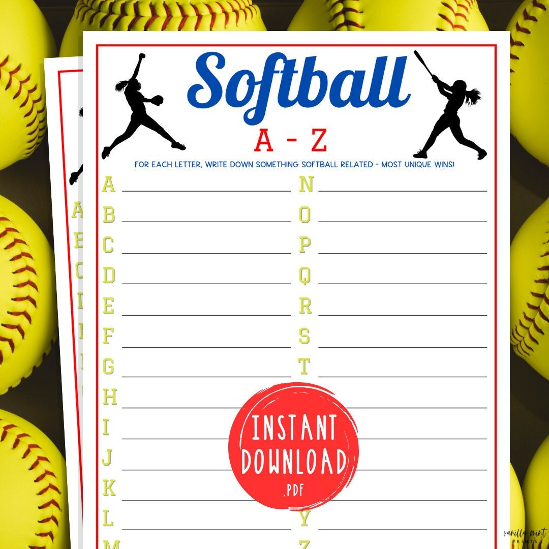 Softball A - Z Word Puzzle Game | Printable Softball Team Party Game ...
