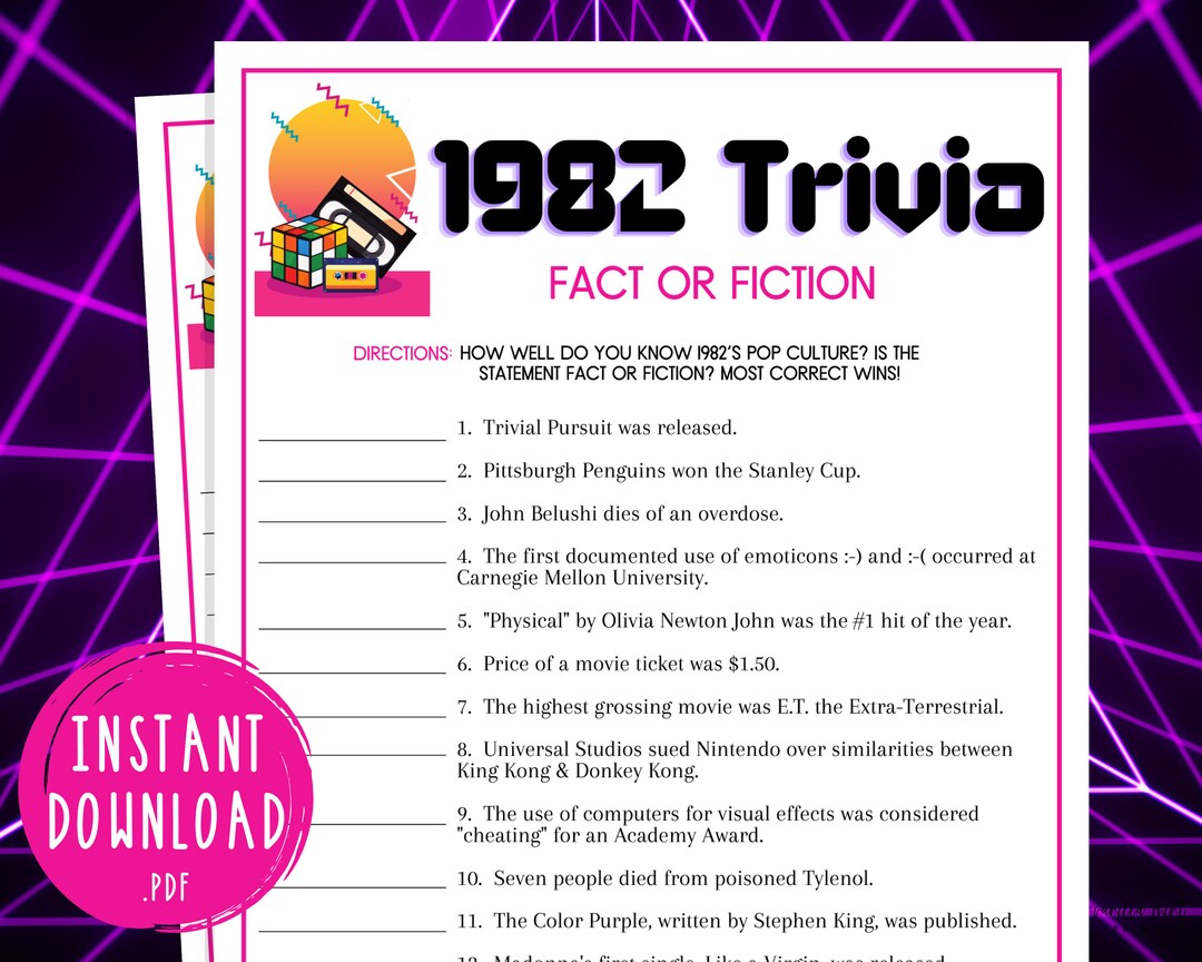 1982 Trivia 80s Pop Culture Trivia Fact or Fiction 40th Birthday Back ...