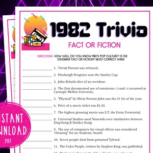 1982 Trivia 80s Pop Culture Trivia Fact or Fiction 40th Birthday Back ...