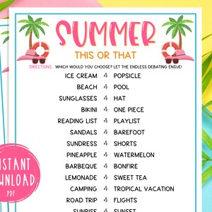 Summer This or That Printable Summertime Games Party Games | Etsy