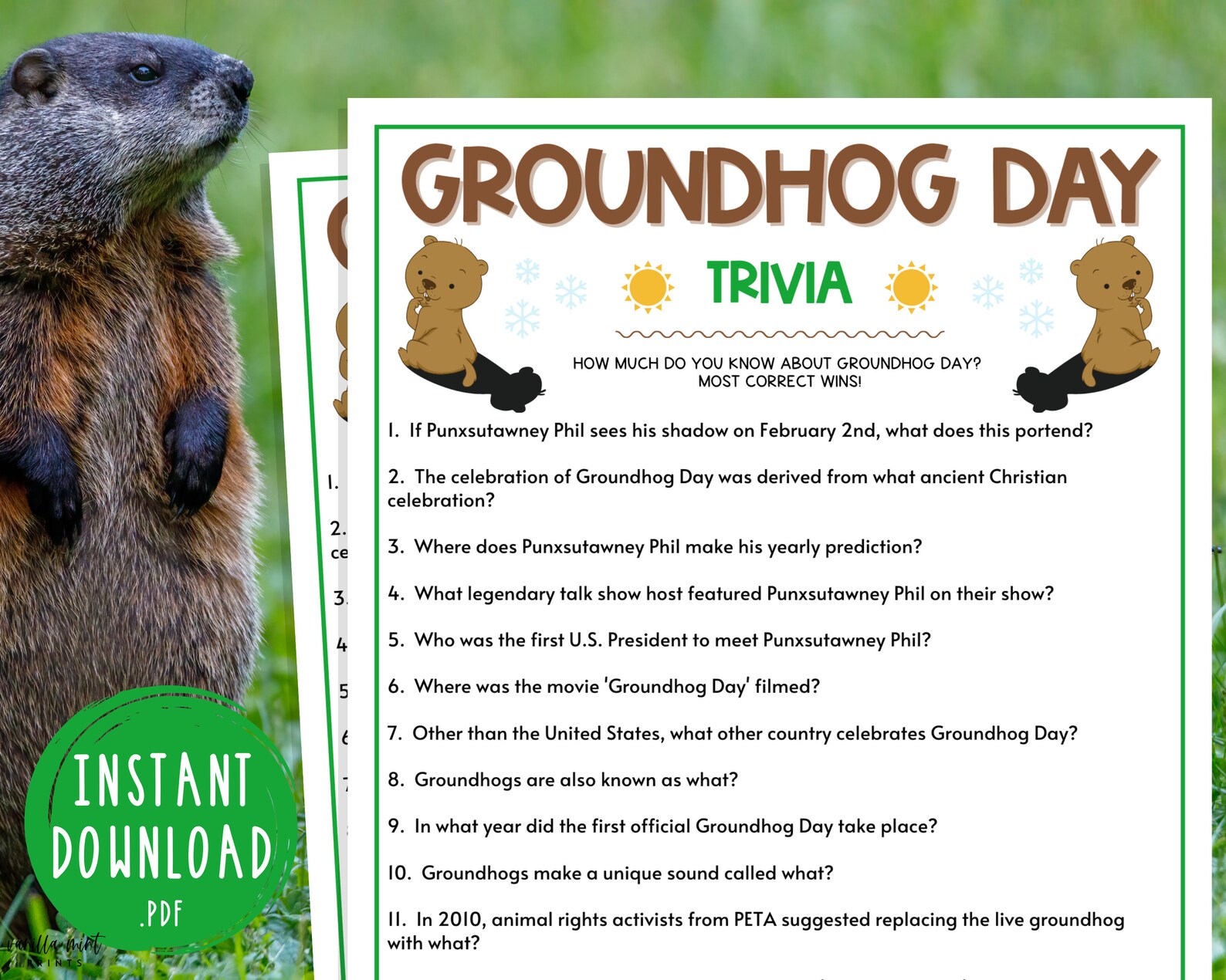 Groundhog Day Trivia Game | Punxsutawney Phil Printable Games | Party ...