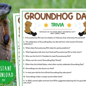 Groundhog Day Trivia Game | Punxsutawney Phil Printable Games | Party ...