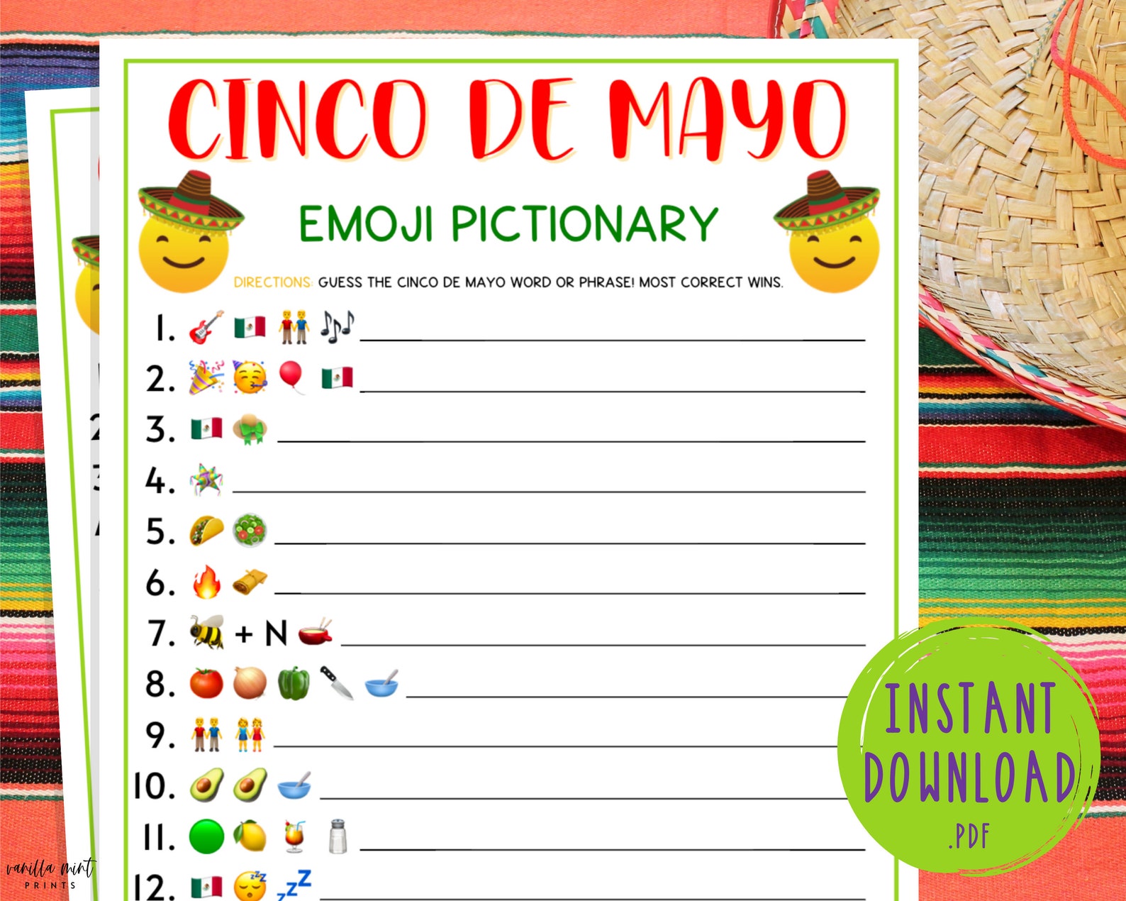 Cinco De Mayo Emoji Pictionary Party Game | Mexican Party Games | Fun ...