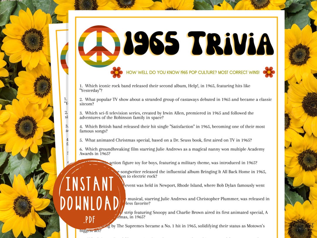 1965 Trivia 60s Pop Culture Trivia Party Game 60th Birthday Back to the ...