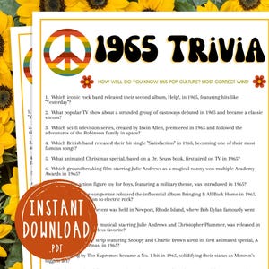 1965 Trivia 60s Pop Culture Trivia Party Game 60th Birthday Back to the ...