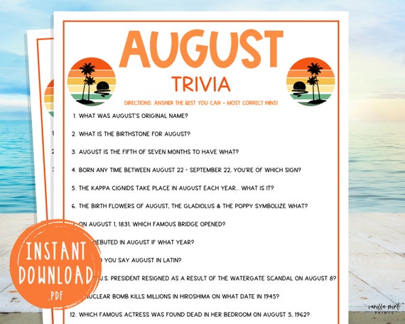 August Trivia Game Printable Month Party Games Summertime | Etsy