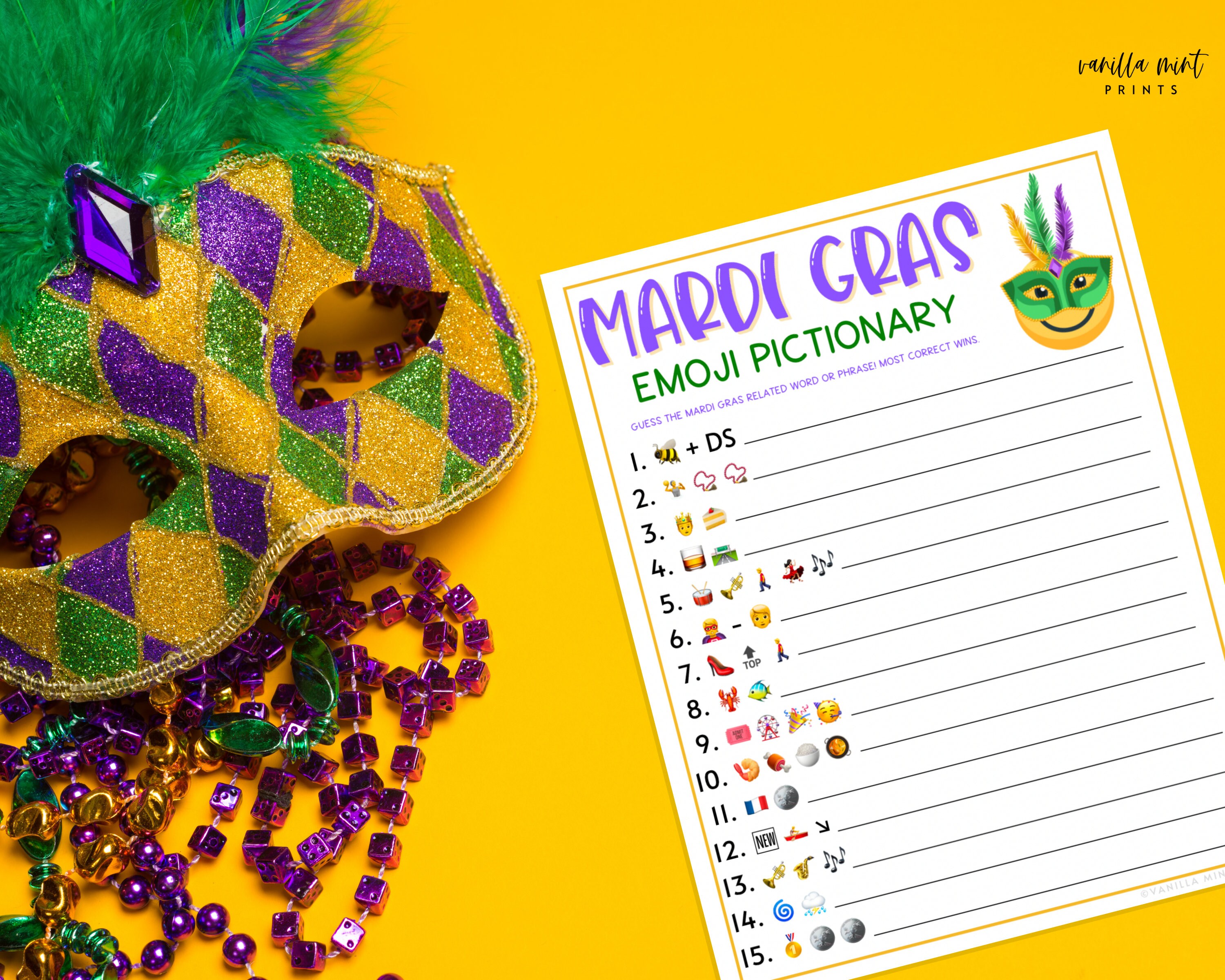 Mardi Gras Emoji Pictionary Game | Fat Tuesday Party Games | Carnival ...