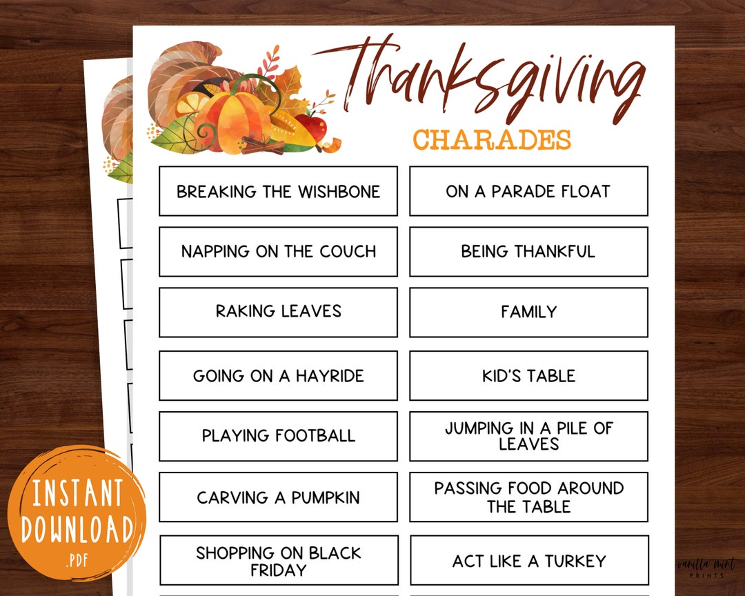 Thanksgiving Charades Party Game | Thanksgiving Party Games | Fun ...