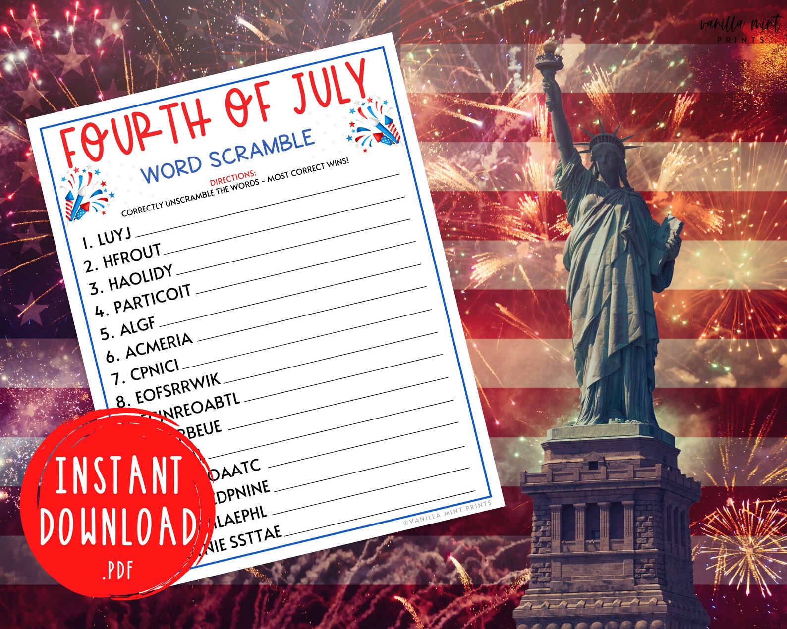 Fourth of July Word Scramble Game 4th of July Printable - Etsy