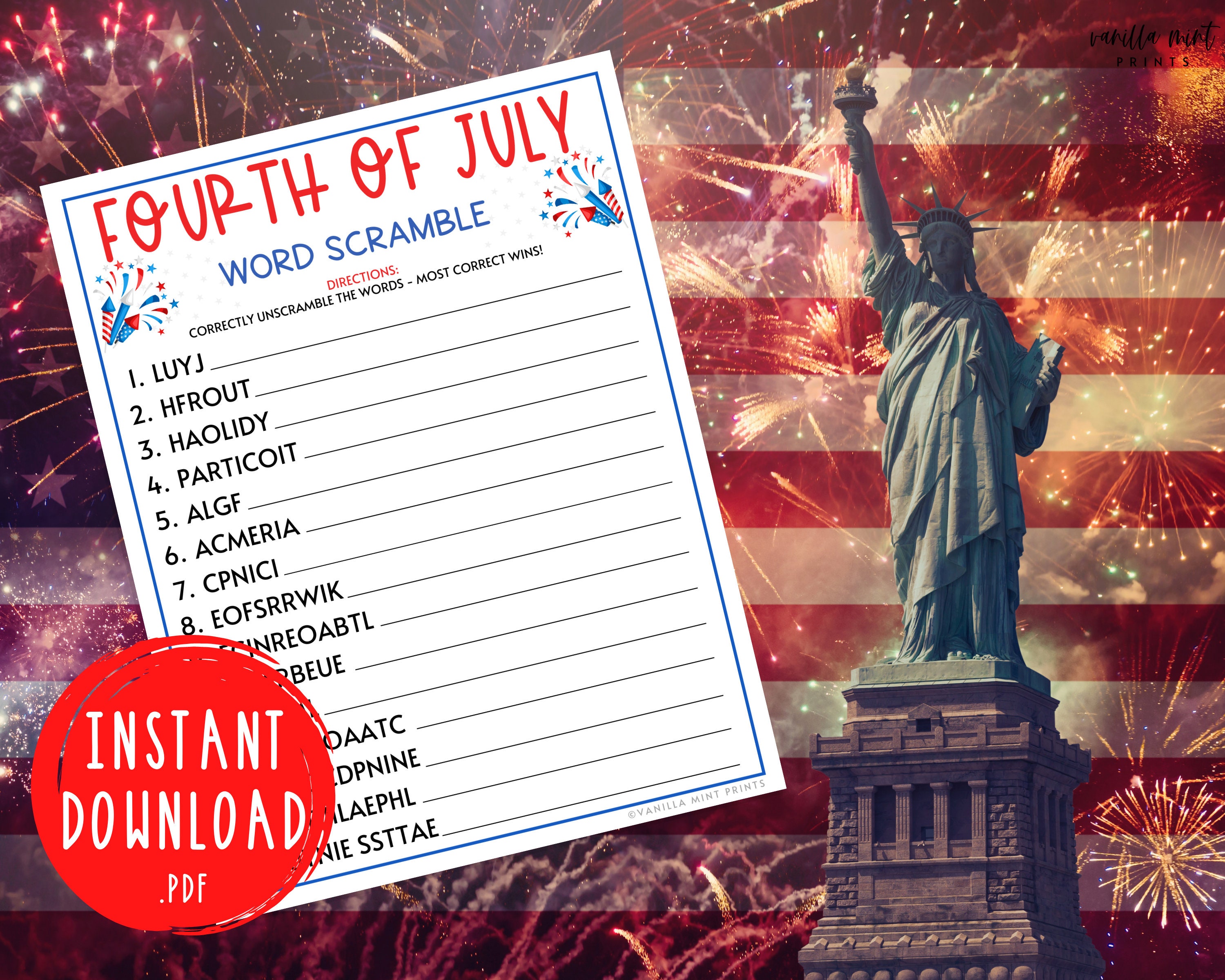 Fourth of July Word Scramble Game 4th of July Printable - Etsy