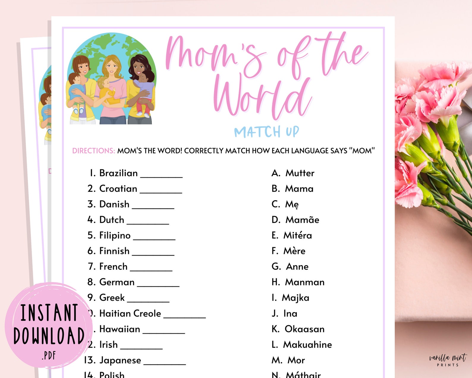 Moms of the World Match up Trivia Game Mother's Day - Etsy