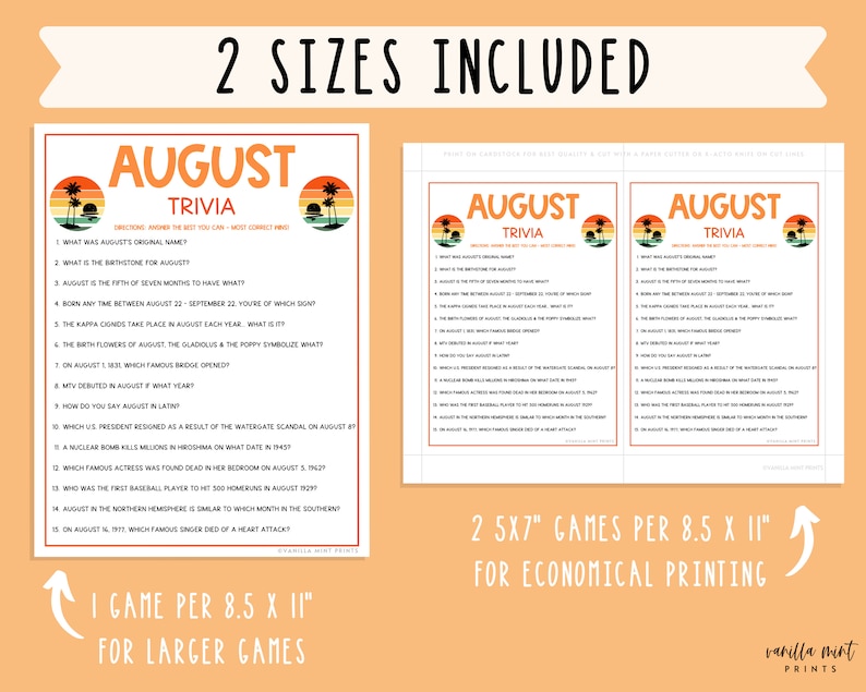 August Trivia Game | Printable Month Party Games | Summertime ...