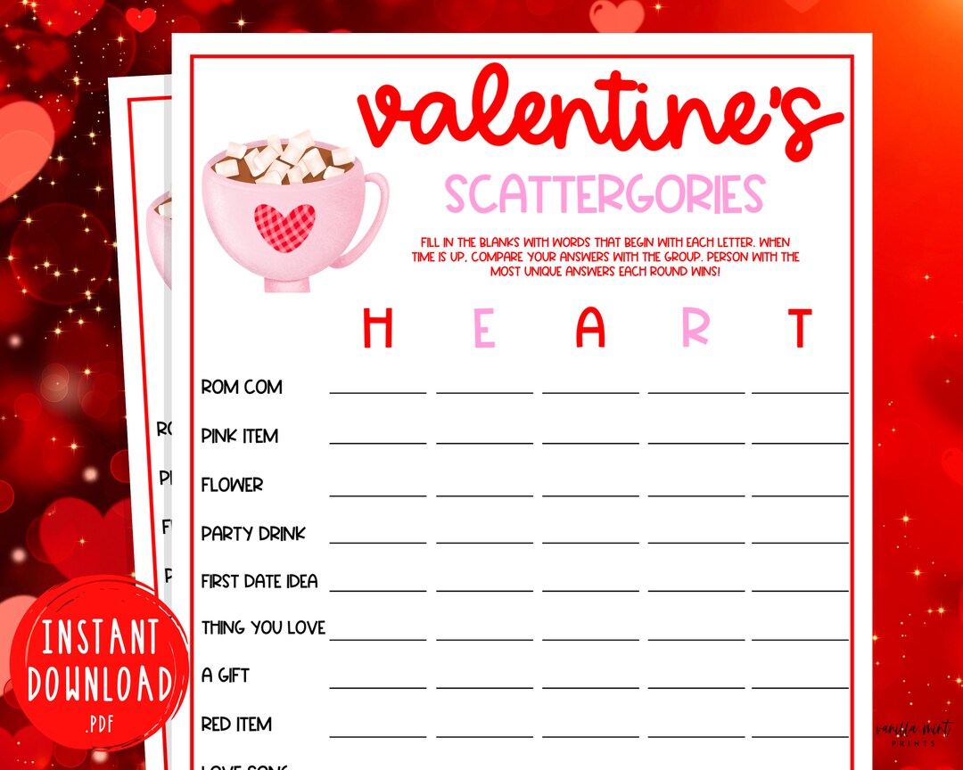 Valentine's Day Scattergories Game Fun Valentine's Day Printable Party ...