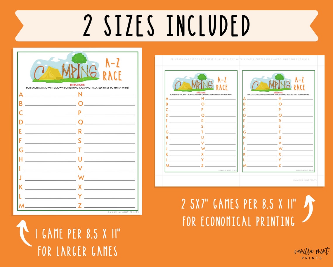 Camping A-Z Race Printable Campground Games Party Games - Etsy
