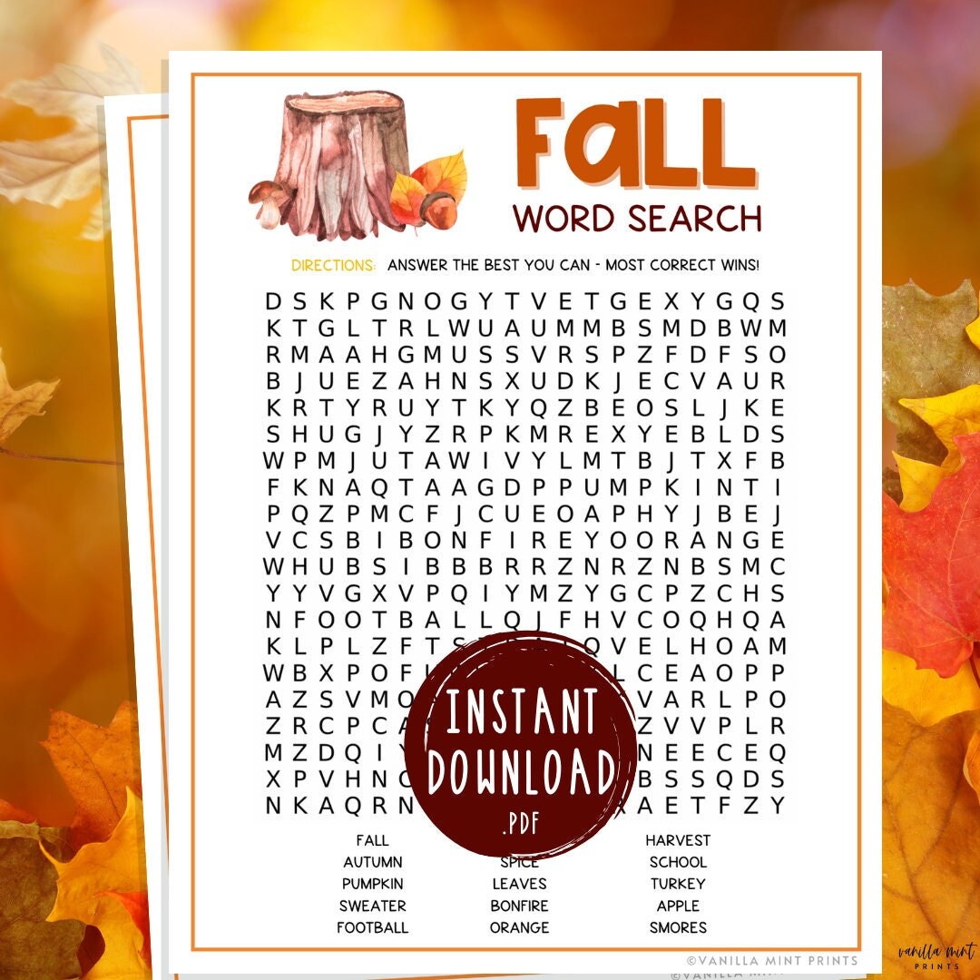 Fall Word Search | Printable Autumn Party Games | Fall Time Activities ...