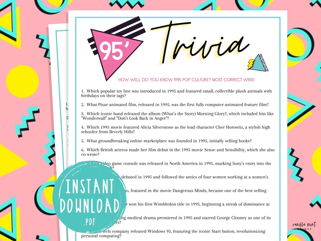 1995 Trivia 90s Pop Culture Trivia Game 30th Birthday Back to the 90s ...