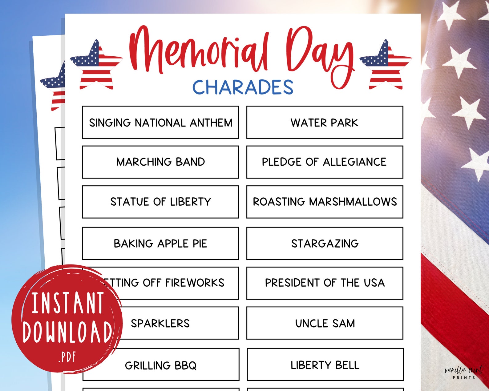 Memorial Day Charades Game Printable Memorial Day Party | Etsy