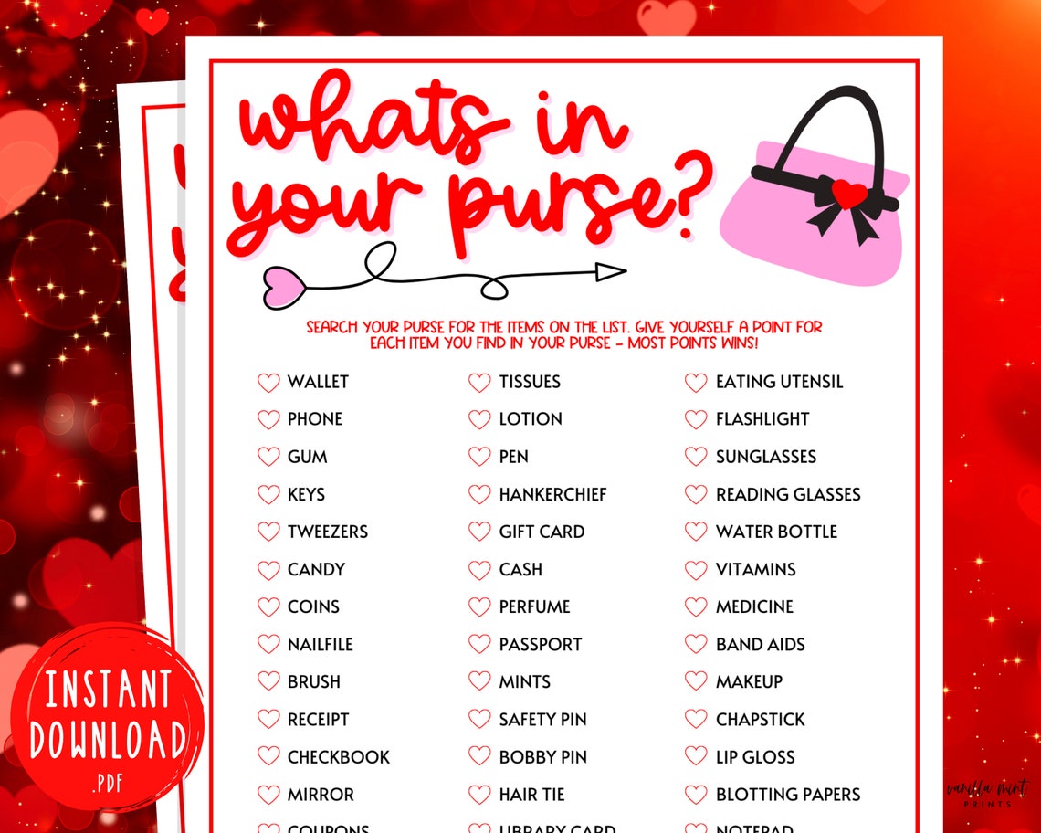 Valentine's Day Whats in Your Purse Game Fun | Etsy