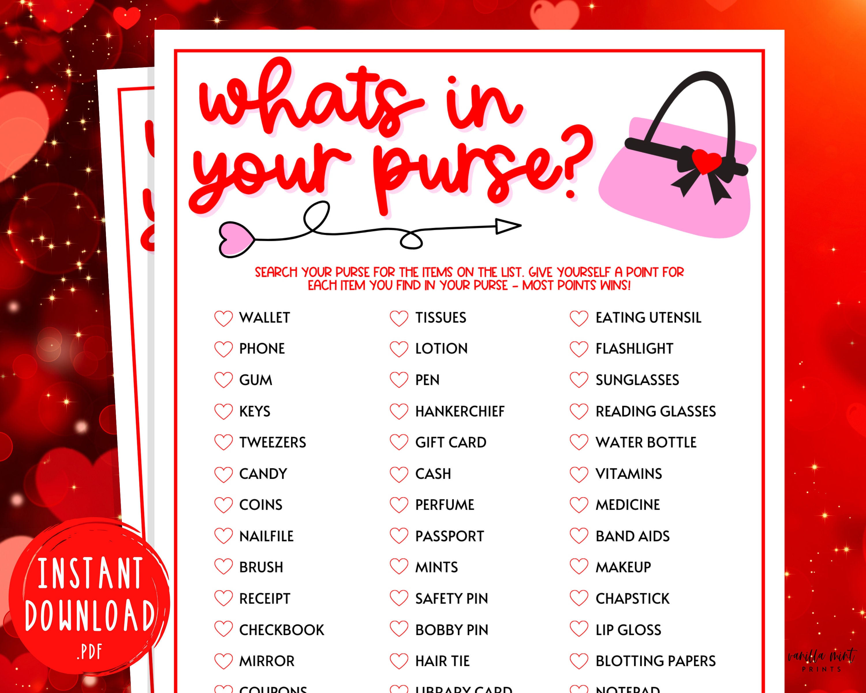 Valentine's Day Whats in Your Purse Game Fun - Etsy