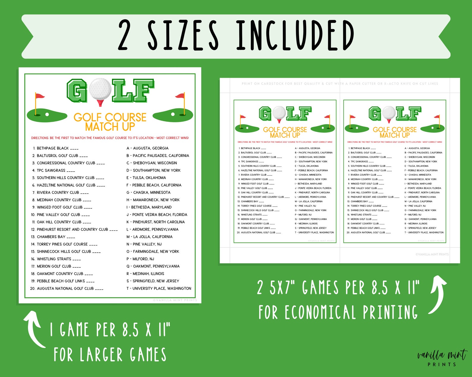 Golf Course Match up Game | Printable Golf Party Games | Masters Golf ...