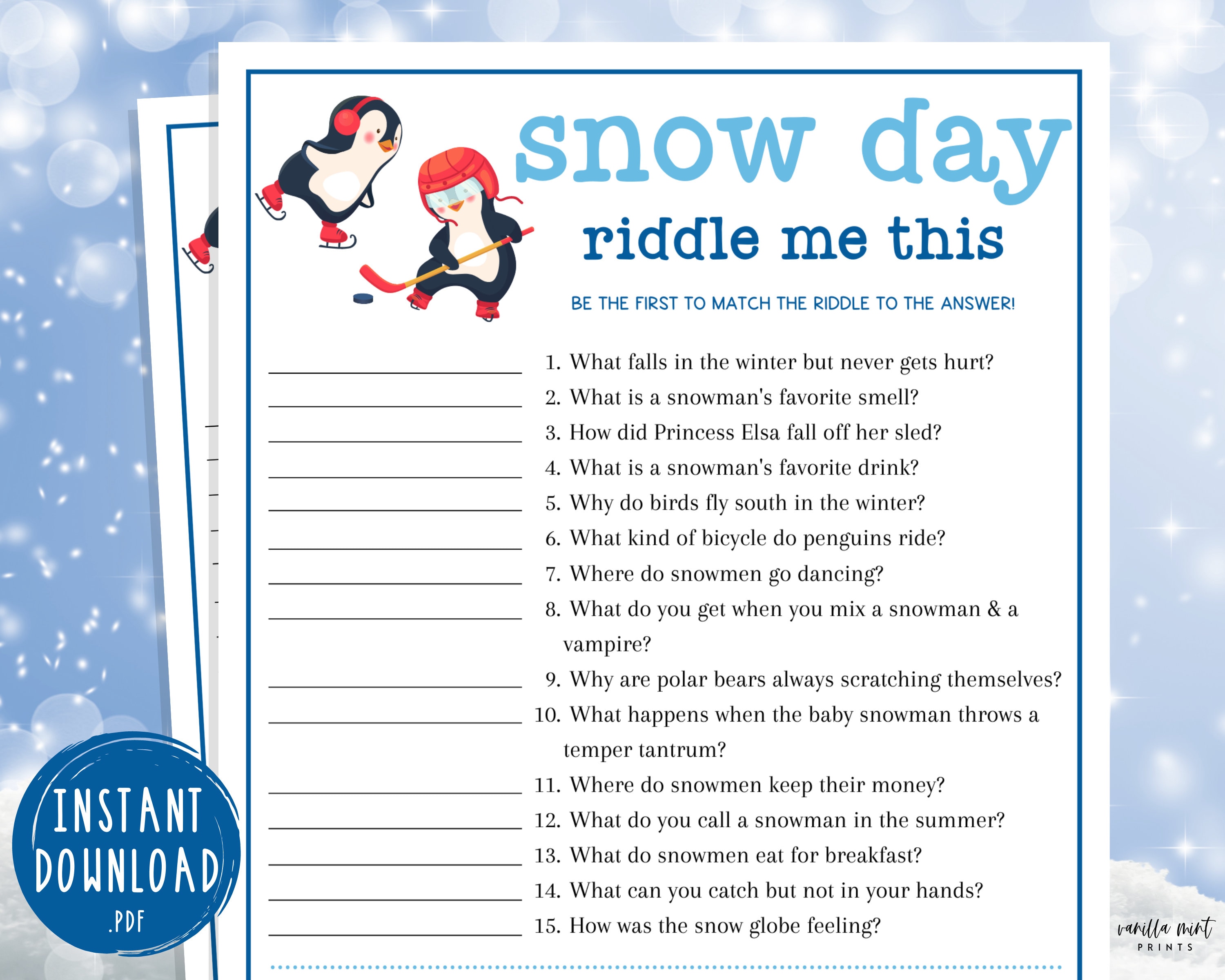 Snow Day Riddle Me This Game Fun Printable Winter Game - Etsy