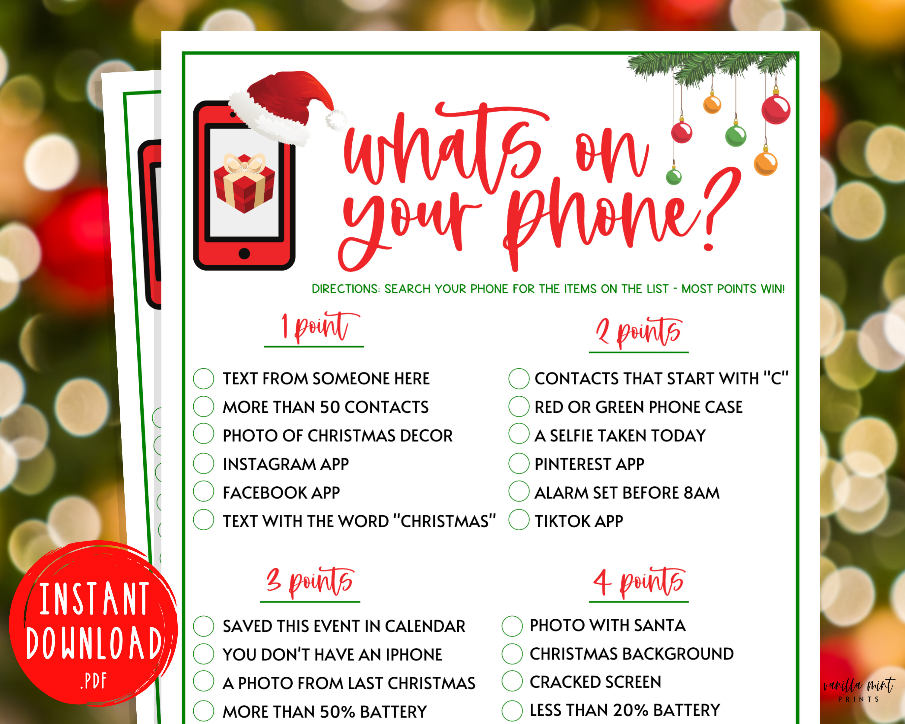Christmas Whats on Your Phone Game Xmas Scavenger Hunt Games - Etsy