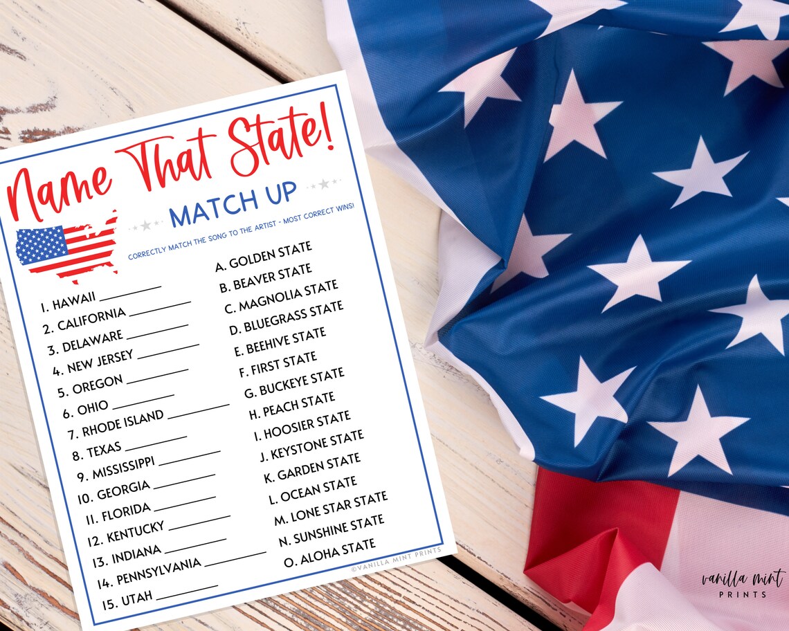 Patriotic Name That State Nickname Match up Game | Printable Memorial ...