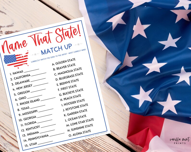 Patriotic Name That State Nickname Match up Game Printable - Etsy