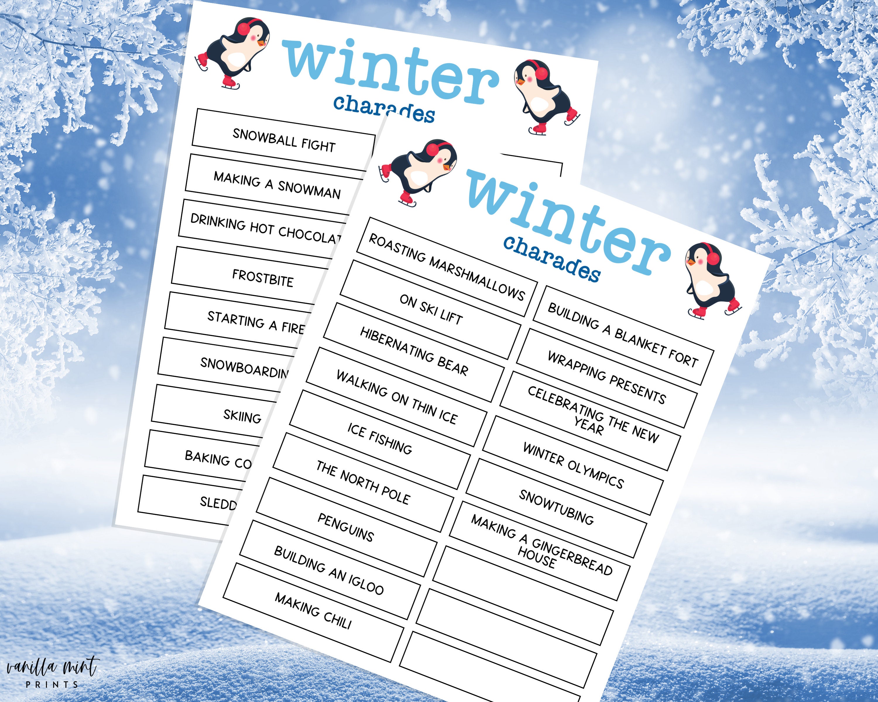 Winter Charades Game 33 Fun Printable Winter Charades Games - Etsy