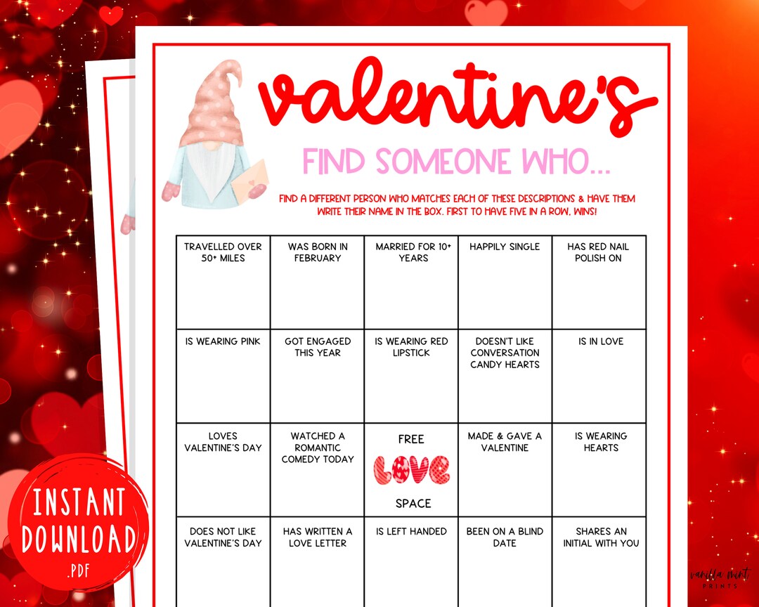 Valentine's Day Find Someone Who Game Fun Valentine's Day Printable ...