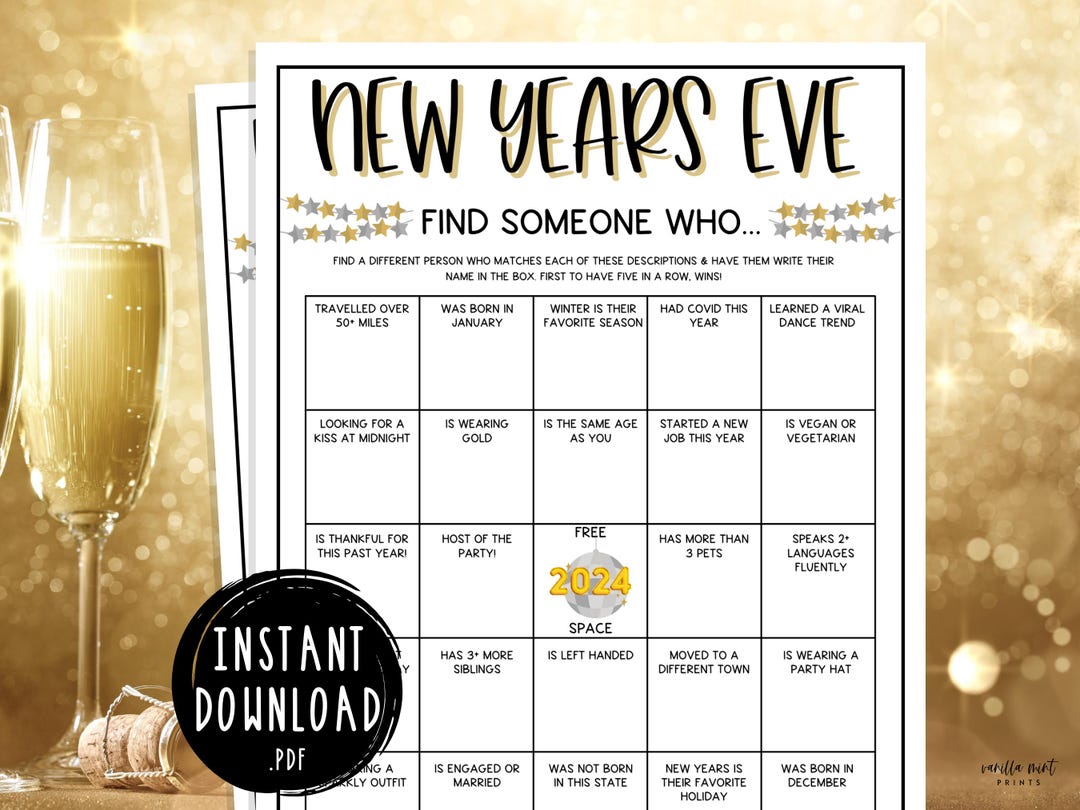 New Years Eve Find Someone Who Bingo Game | New Years Games | New Years ...