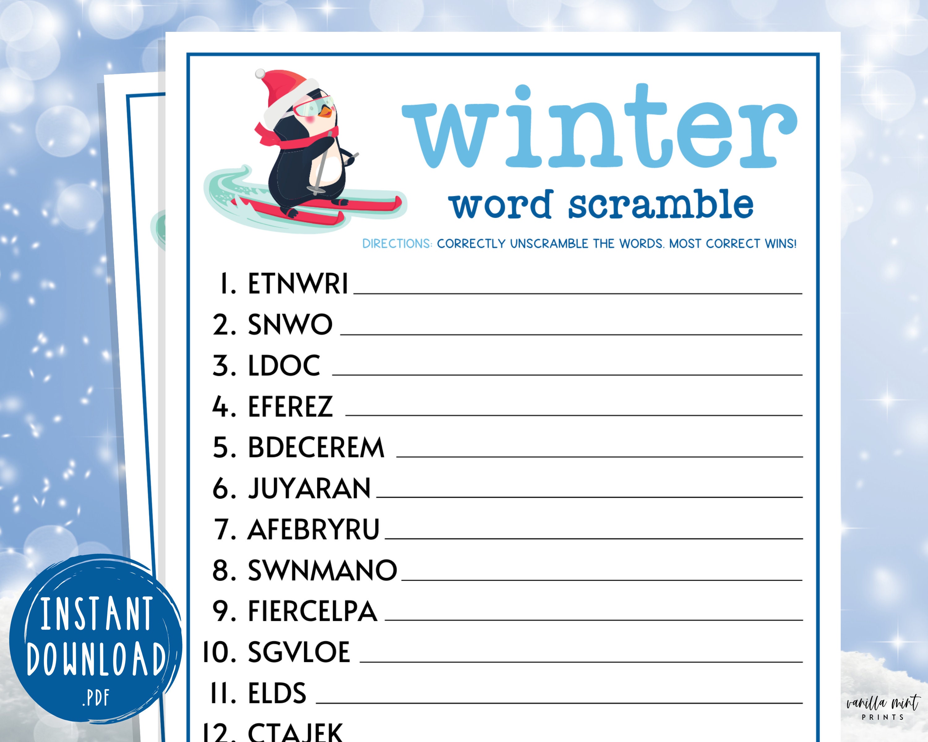 Winter Word Scramble Game Printable Winter Games - Etsy
