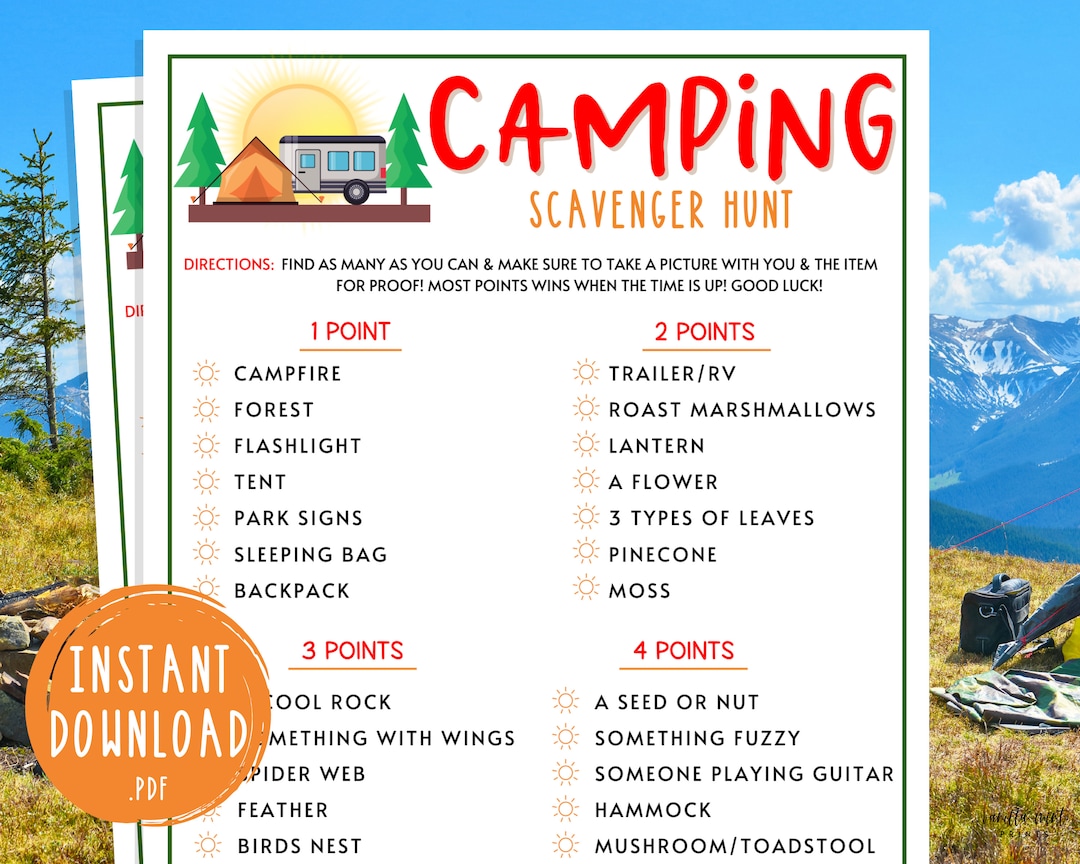 Camping Scavenger Hunt | Printable Campground Party Games | Treasure ...