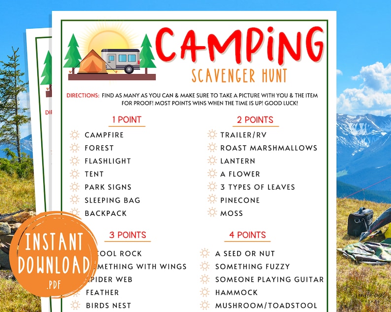 Camping Scavenger Hunt | Printable Campground Party Games | Treasure ...
