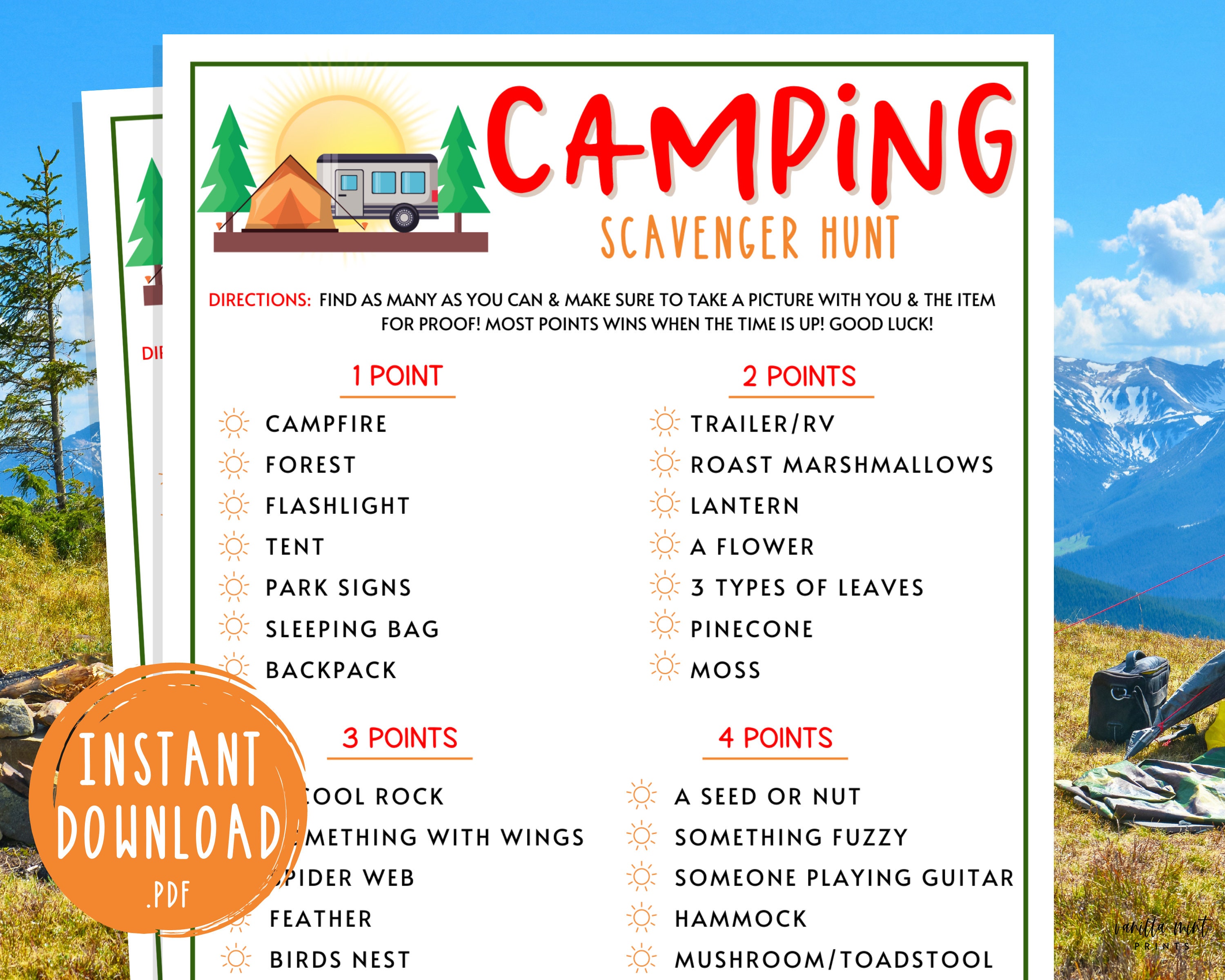 Camping Scavenger Hunt Printable Campground Party Games | Etsy