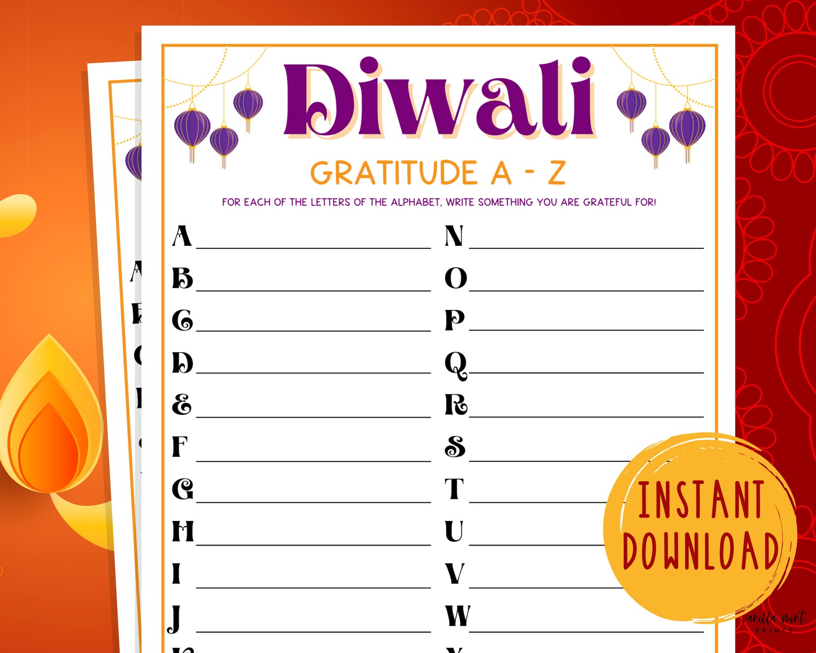 Diwali Gratitude A Z Game Printable Festival of Lights - Etsy
